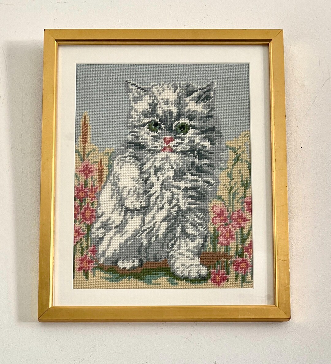 Vintage Original Embroidery Art Needlepoint Woolwork - Cute Kitty Cat ...