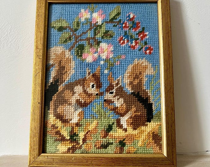 Beautiful! Vintage Original Embroidery Art Needlepoint Woolwork - Squirrels & Spring Blosssom ...