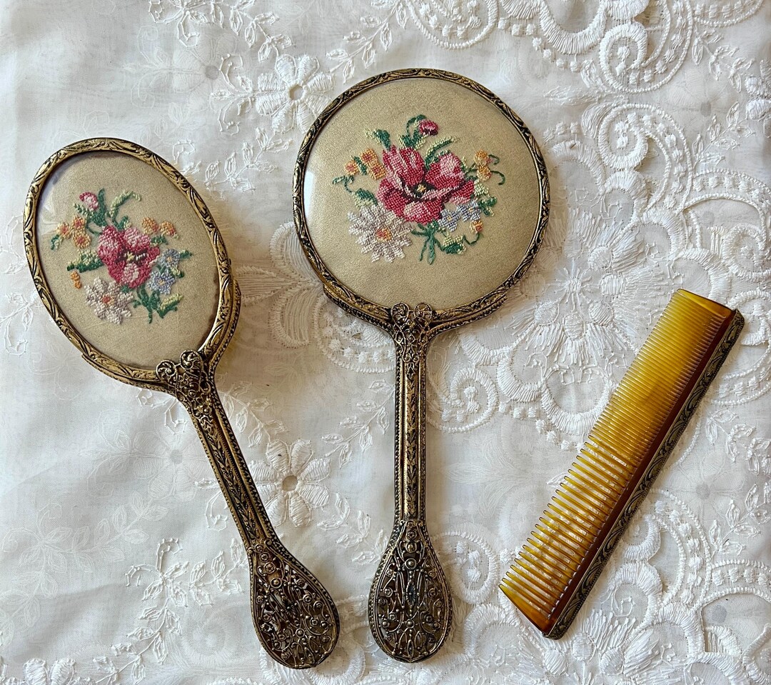 Vintage Vanity Set – Hand Mirror, Brush & Comb | Ornate Floral ...