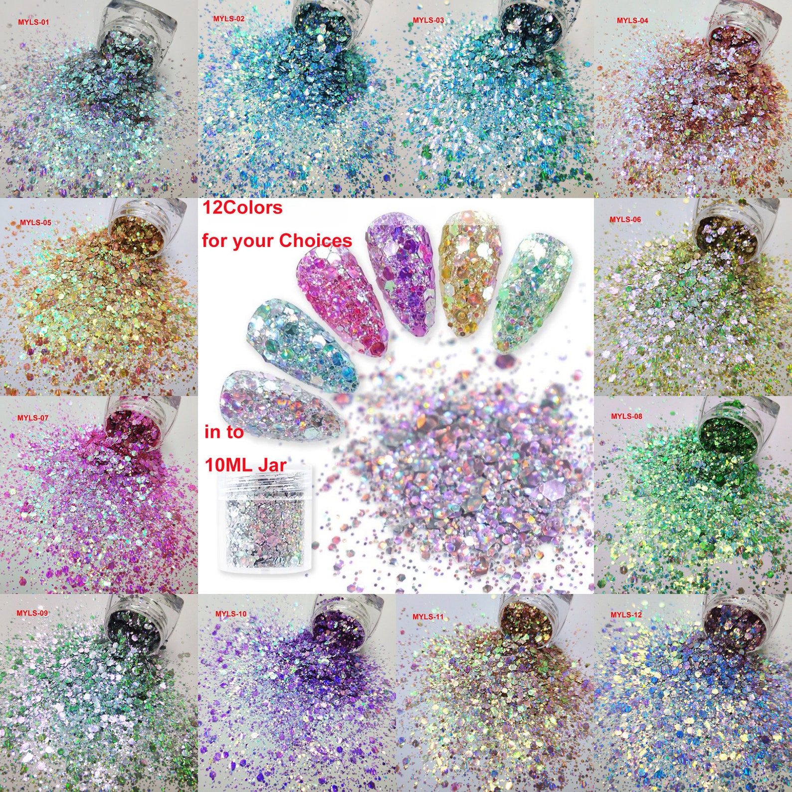 12colors Holographic Laser Nail Art Glitter Mix Mirror Chunky Hexagon ...