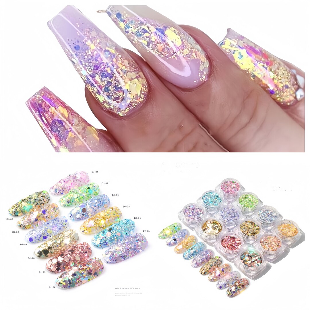 12COLORS Holographic Mermaid Glitter Mix Hexagon Irregular Shard Sequin Shape Nail Art for Craft ...