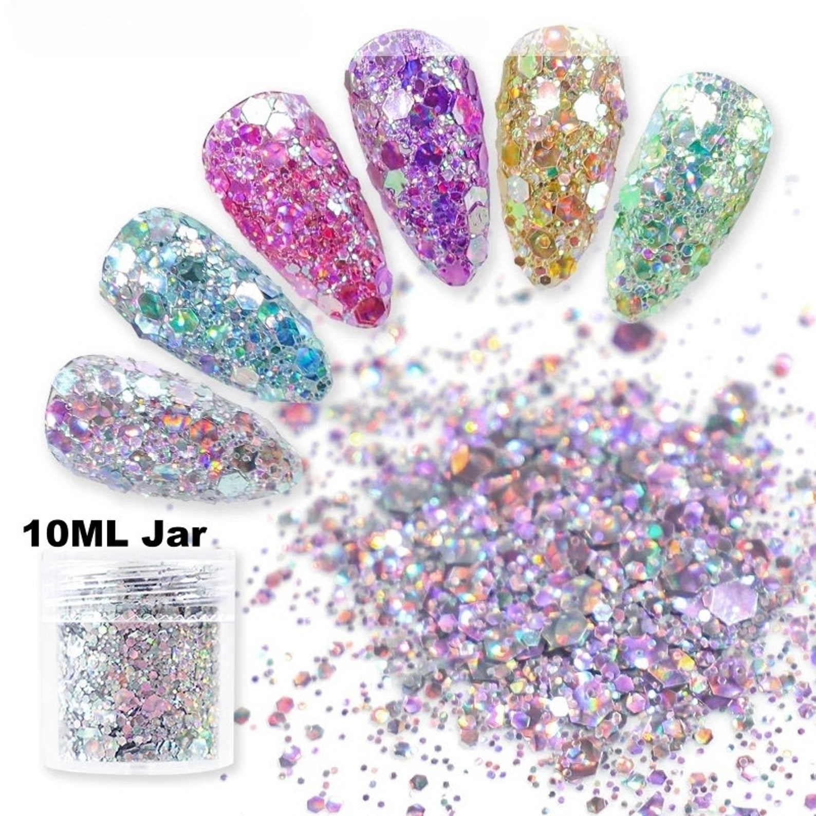12colors Holographic Laser Nail Art Glitter Mix Mirror Chunky Hexagon ...