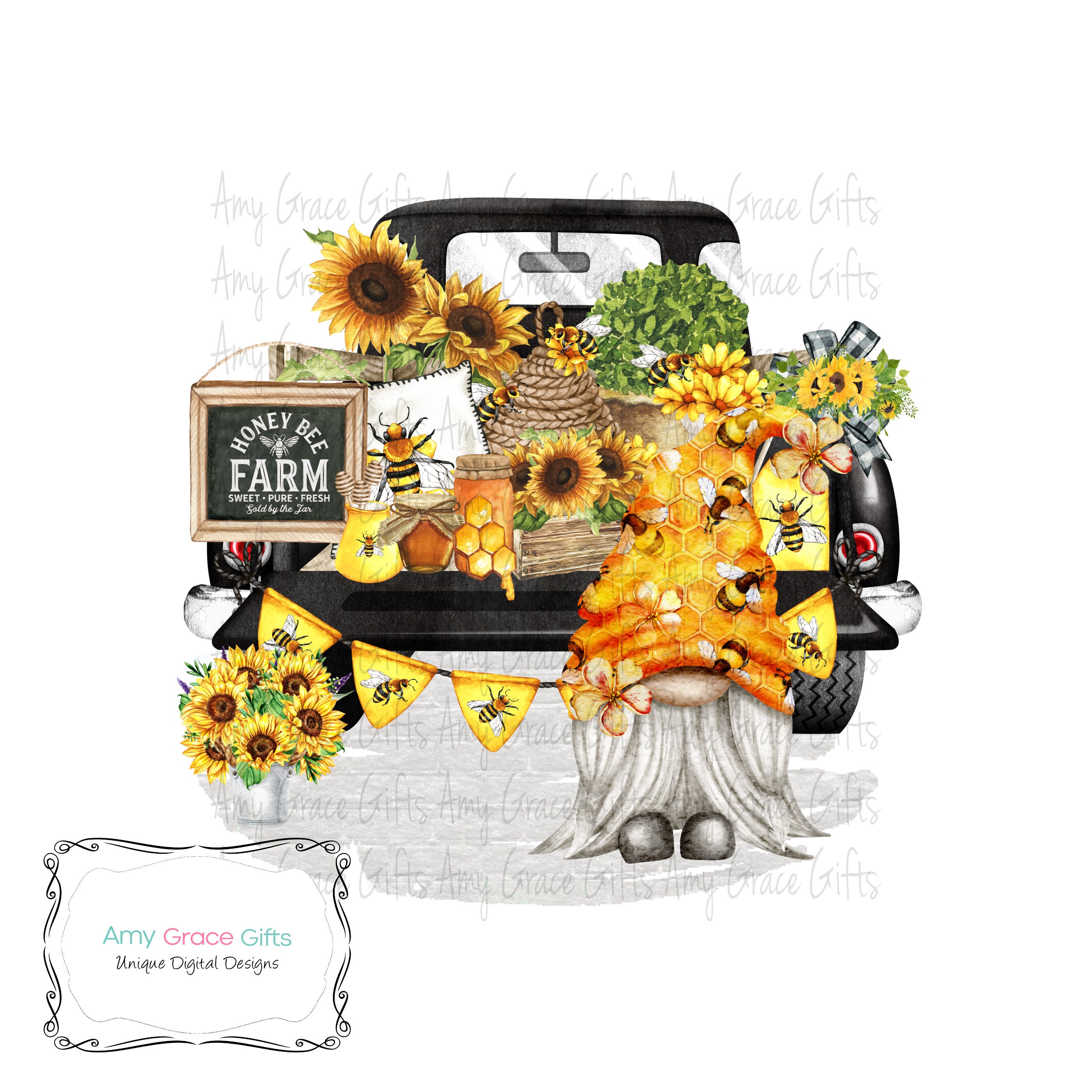 Bee Sunflower Gnome Truck Digital Design Clipart - Etsy