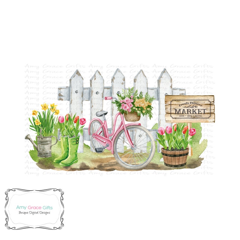 Spring Bicycle Fence Garden, Digital Design, Sublimation, Clipart ...