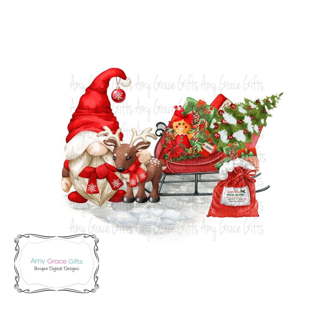 Santa Sleigh Reindeer Gnome Christmas Clipart Digital - Etsy