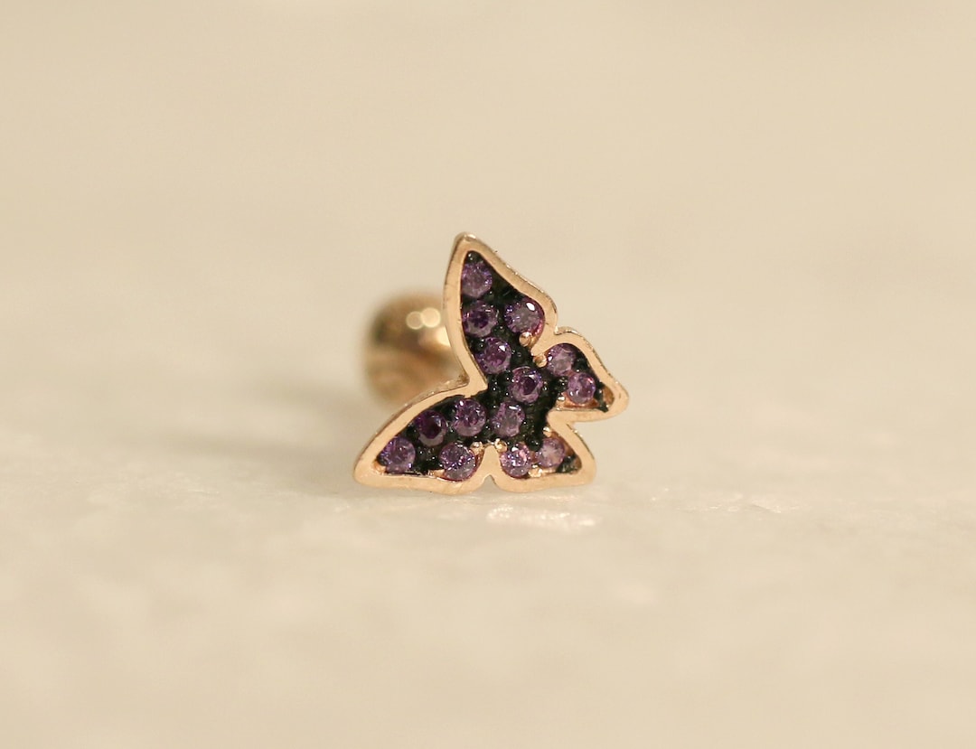 14K 18K Solid Gold Purple Butterfly Piercing, Cartilage Earring, Lobe ...