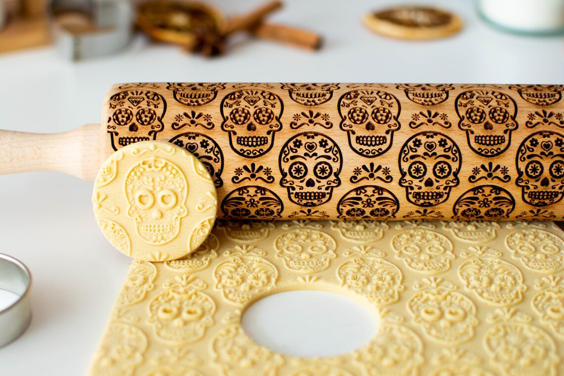 Mexican Sugar Skull Embossing Rolling Pin – Laser Engraved Cookie ...