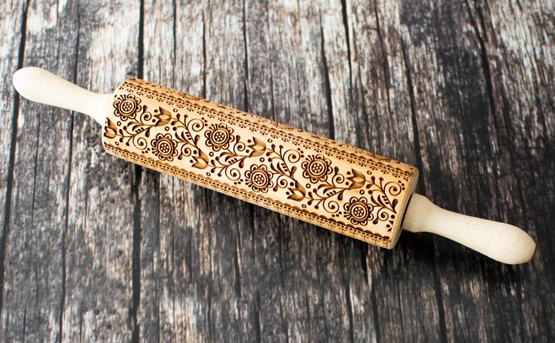 Laser Engraved Beech Wood Rolling Pin - Scandinavian Floral Design - Etsy