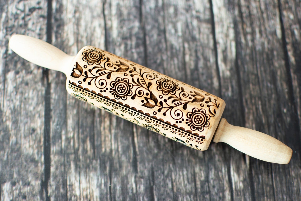 Laser Engraved Rolling Pin - Scandinavian Floral Design, Cookie ...