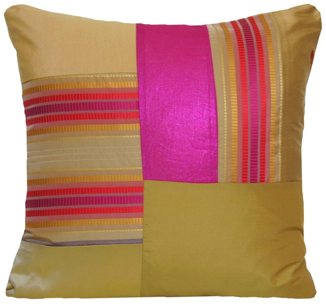 Gold Decorative Pillow Trow Case Stripes Patchwork Pink Orange Unique ...