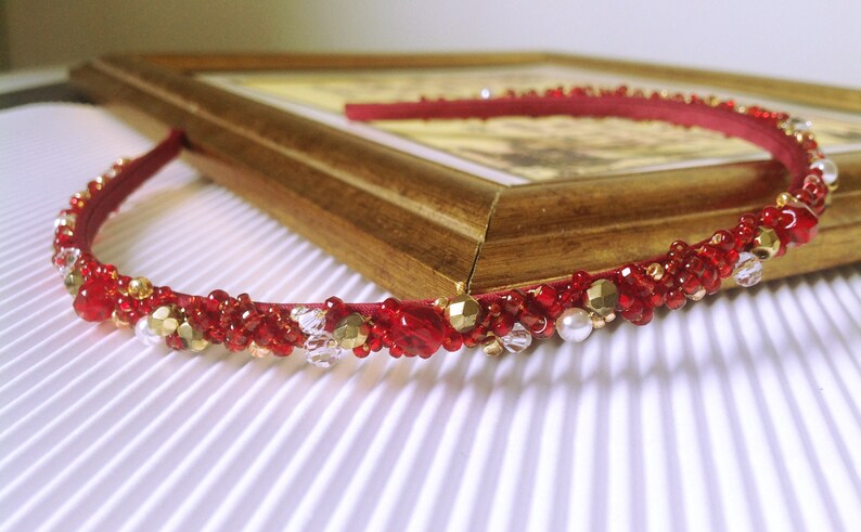 Narrow Red Gold Crystal Tiara,gold Red Headband,gold Red Alice Band,red ...