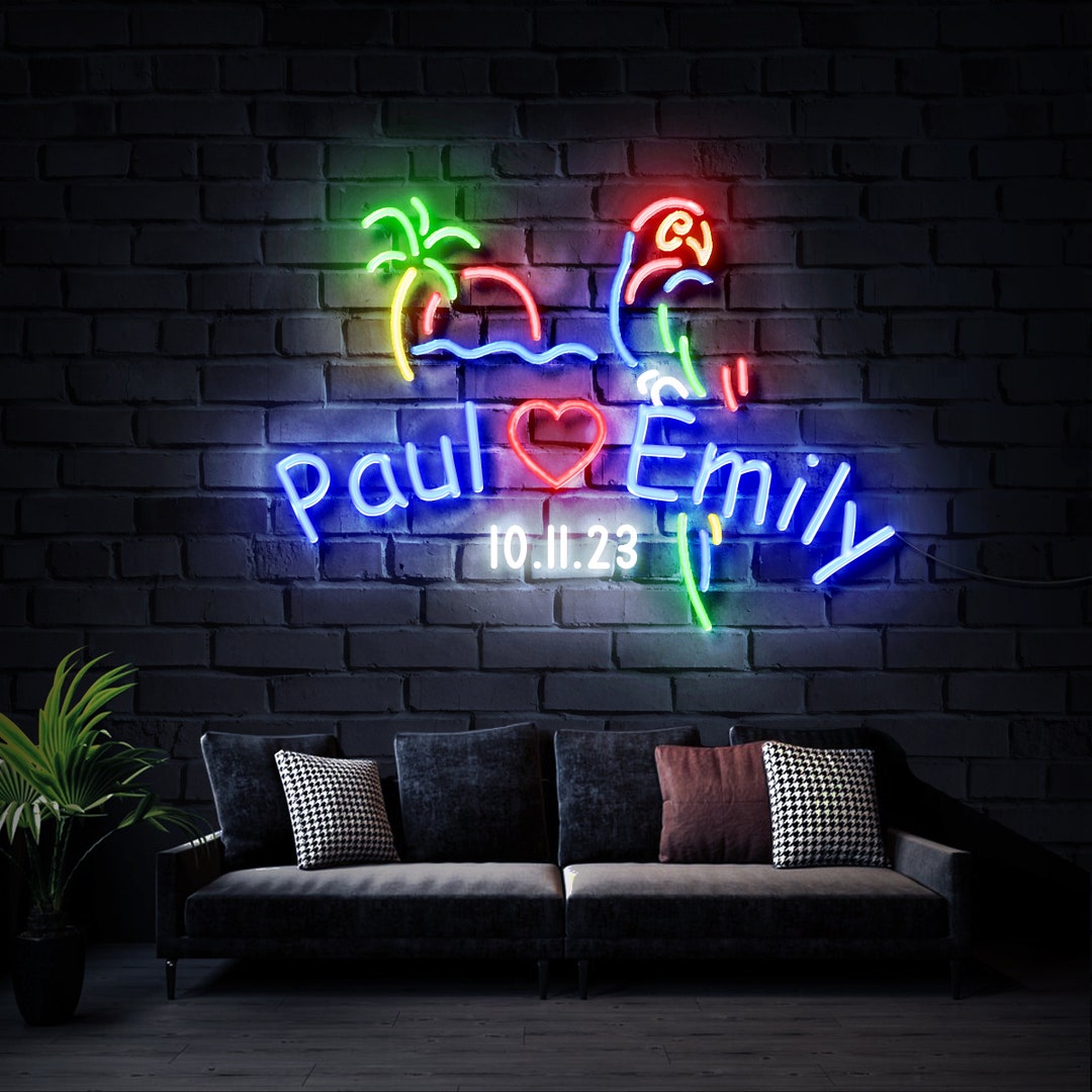 Custom Couple Name Wedding Neon Sign,coconut Tree Led Sign,parrot Neon ...
