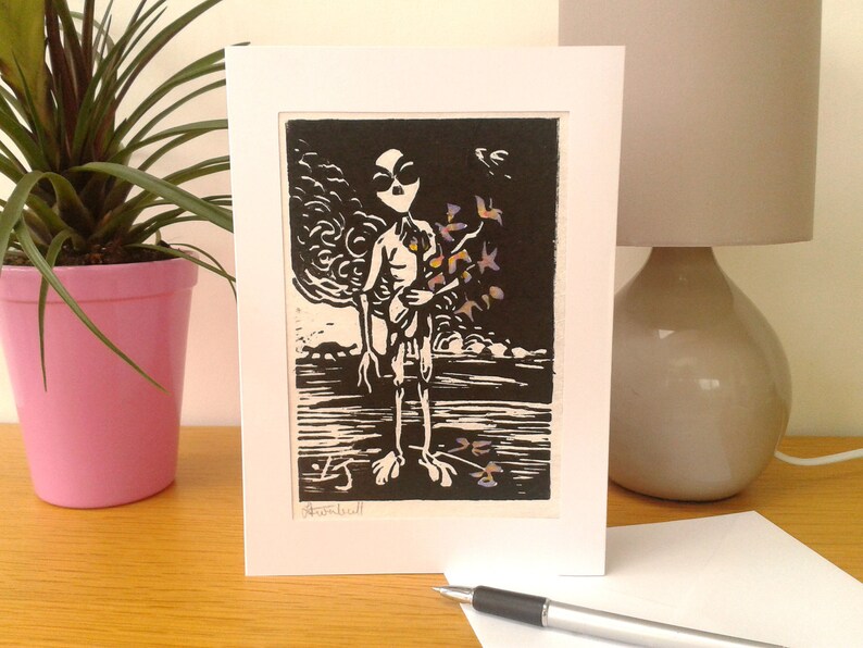 Alien Lino Cut Greeting Card, Valentine Lino Print, Mother's Day Card ...