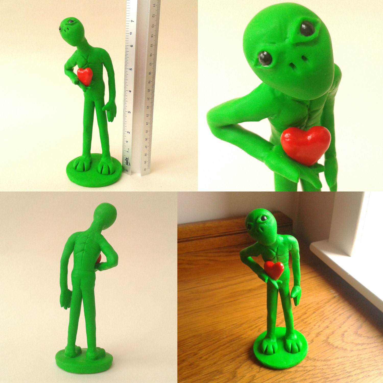 Polymer Clay Green Alien Figurine Sculpture, Alien Heart Ornament ...