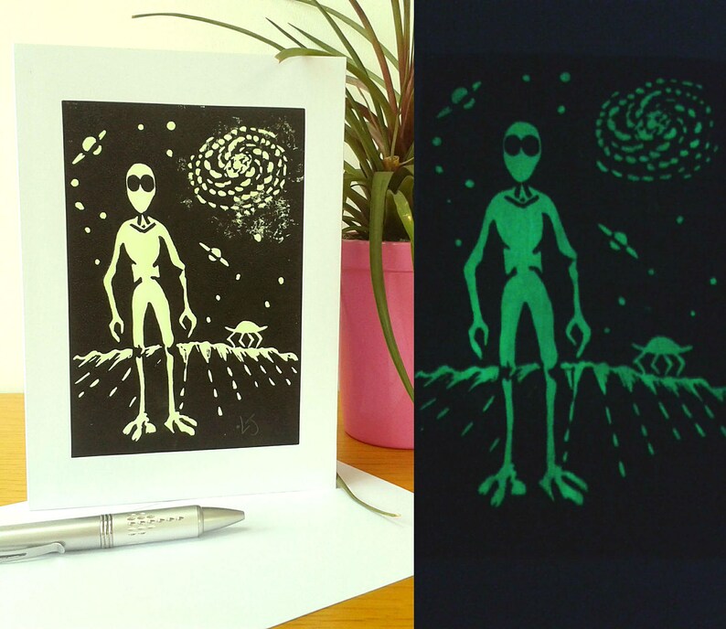 Alien Lino Print Greeting Card Original Art Print Glow in - Etsy