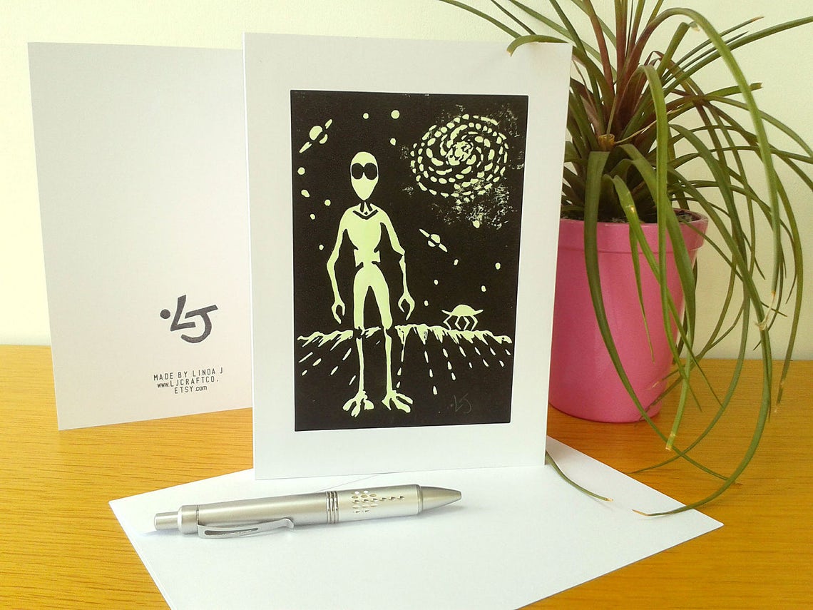 Alien Lino Print Greeting Card Original Art Print Glow in - Etsy