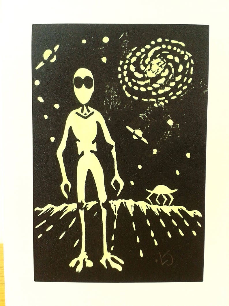 Alien Lino Print Greeting Card Original Art Print Glow in - Etsy