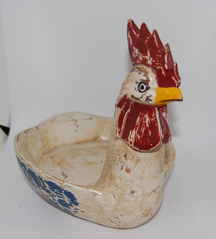Vintage Wooden Rustic Rooster Bowl With Vegetables / Farmhouse - Etsy