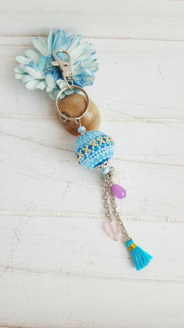 Blue key chain, blue bag charm, tassel key chain, beaded bead, thank ...
