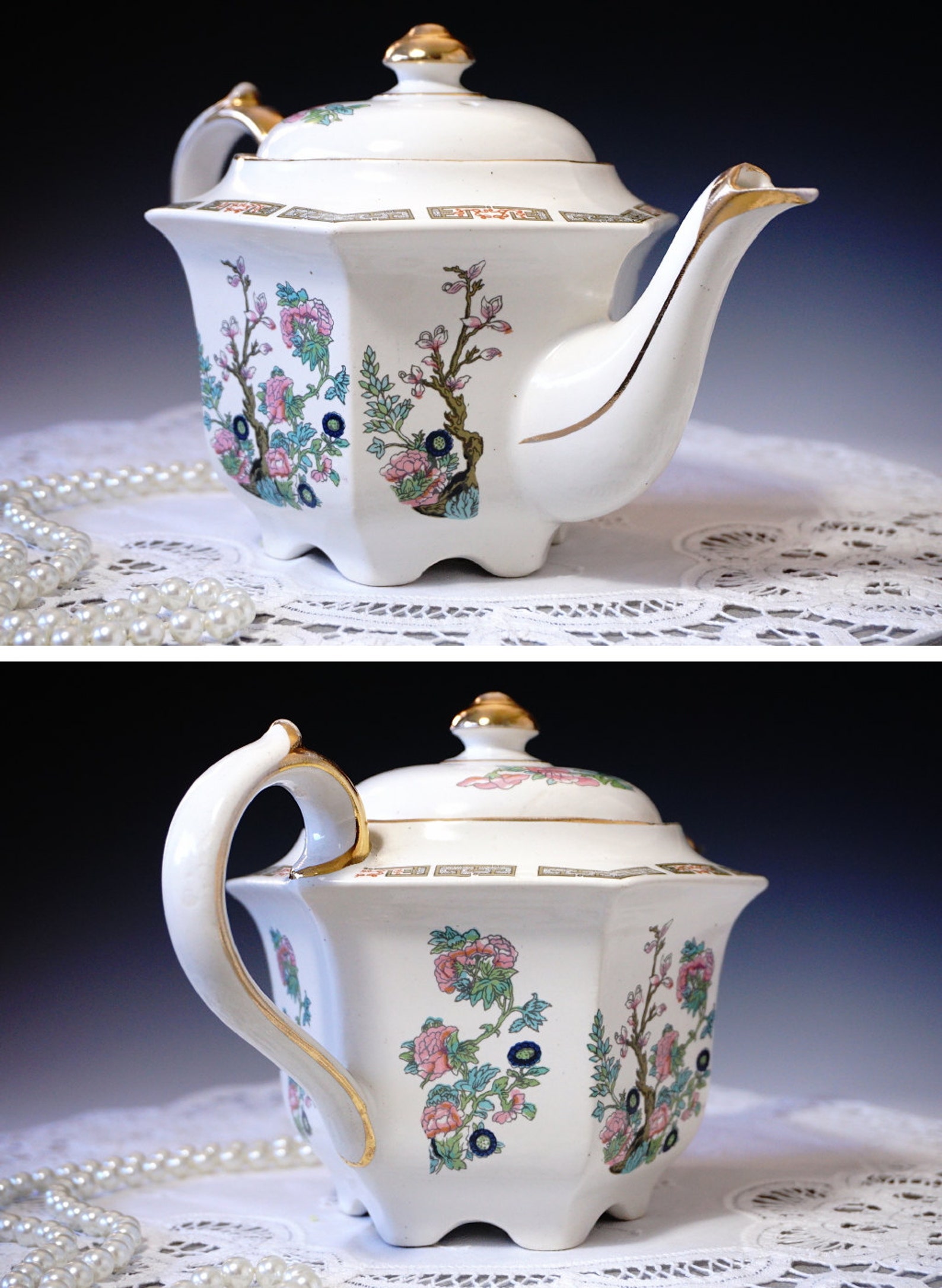 Sadler English Teapot, Indian Tree, Pink and Blue Oriental Floral Tea ...