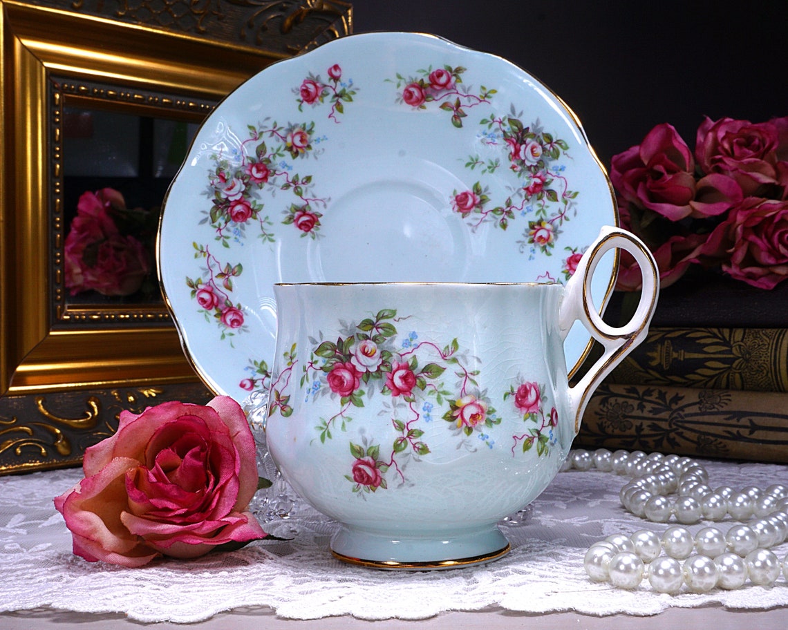 Rosina Tea Cup and Saucer Tiny Pink Rosebuds Pale Teal Blue | Etsy