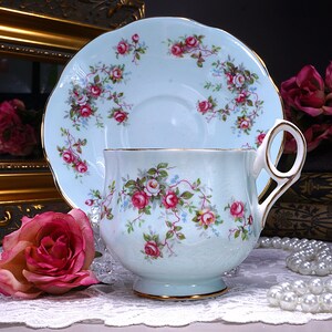 Rosina Tea Cup and Saucer, Tiny Pink Rosebuds, Pale Teal Blue, Fluted ...