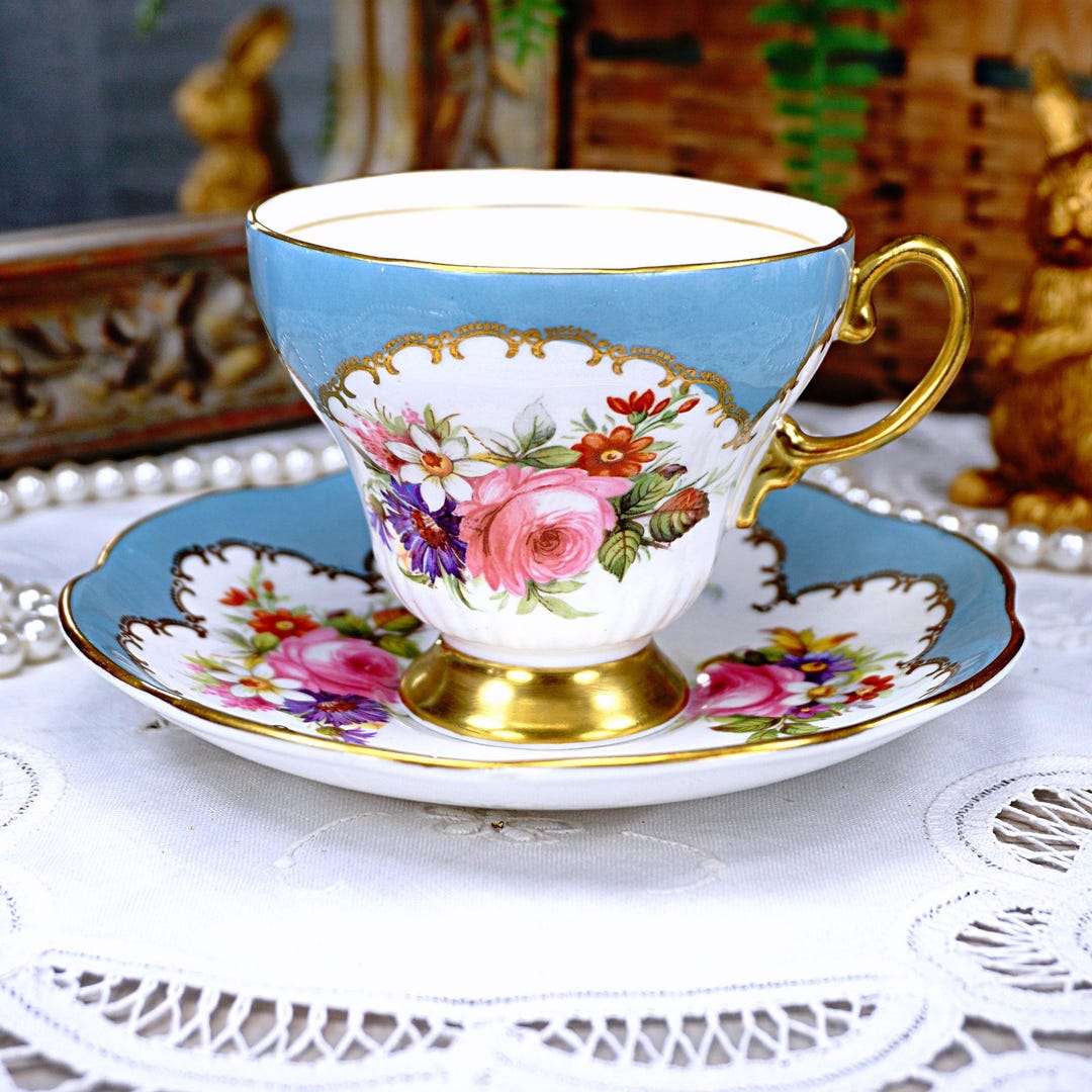 EB Foley Tea Cup and Saucer, Blue and White Banded With Petal Design ...