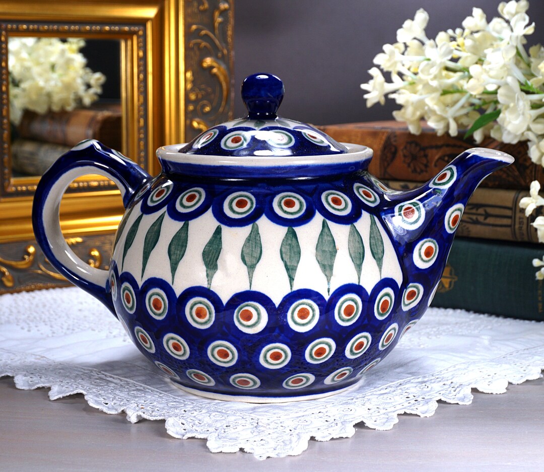 Polish Pottery Teapot PEACOCK LEAVES, Hand Made, Hand Painted ...