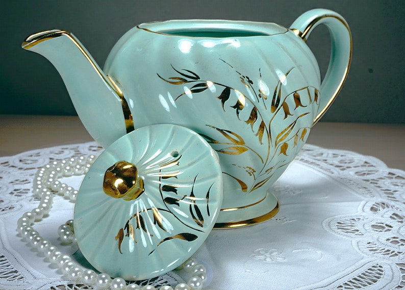 RARE Sadler Aqua Teapot, Lily of the Valley in 24k Gold Gilt Over ...