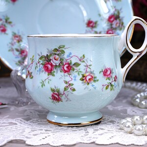 Rosina Tea Cup and Saucer, Tiny Pink Rosebuds, Pale Teal Blue, Fluted ...