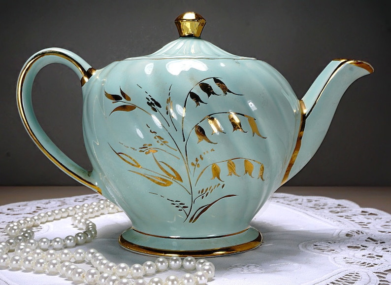 RARE Sadler Aqua Teapot, Lily of the Valley in 24k Gold Gilt Over ...
