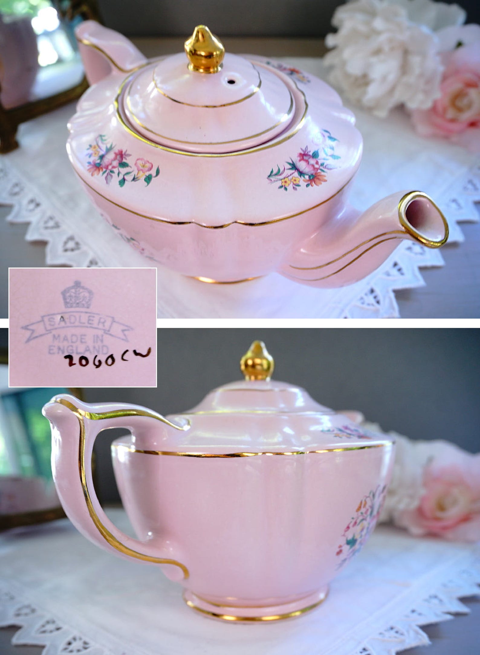 Sadler Pink Teapot, Pink Oval Lamp Shape Tea Pot, Sadler Floral Teapot ...