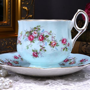 Rosina Tea Cup and Saucer, Tiny Pink Rosebuds, Pale Teal Blue, Fluted ...