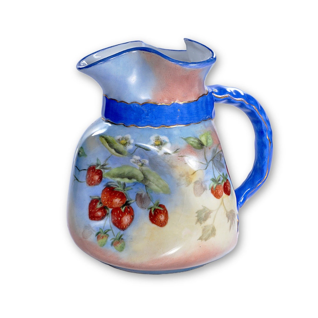 Vintage Pinch Pitcher With Hand-painted Strawberries, Blue Handle ...