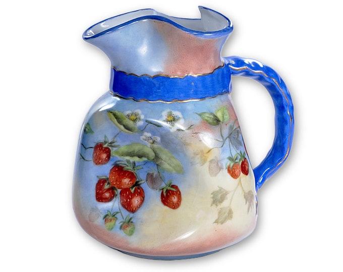 Beatiful Vintage Hand Painted Embossed Pitcher With Blue Bow and Fruit ...