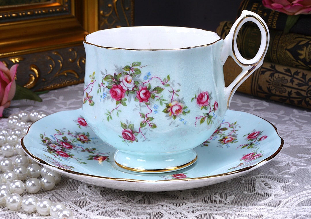 Rosina Tea Cup and Saucer, Tiny Pink Rosebuds, Pale Teal Blue, Fluted ...