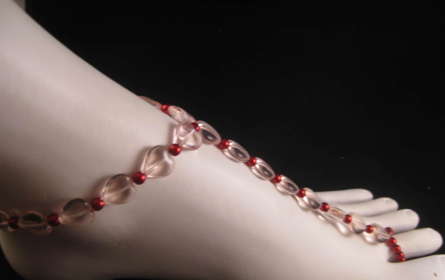 Beaded Barefoot Sandal, Rose Quartz Glass Heart Beaded Sandal, Red ...