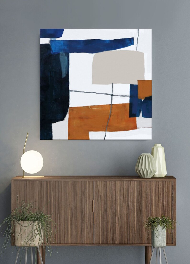 Square Abstract Painting Large Modern Art Blue and Orange - Etsy