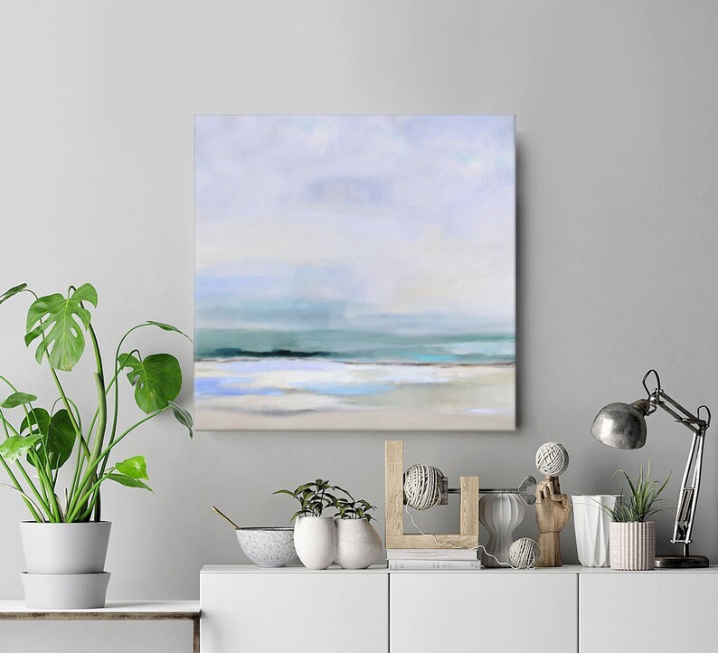 Abstract Seascape Relaxing Square Canvas Painting Soft Green - Etsy