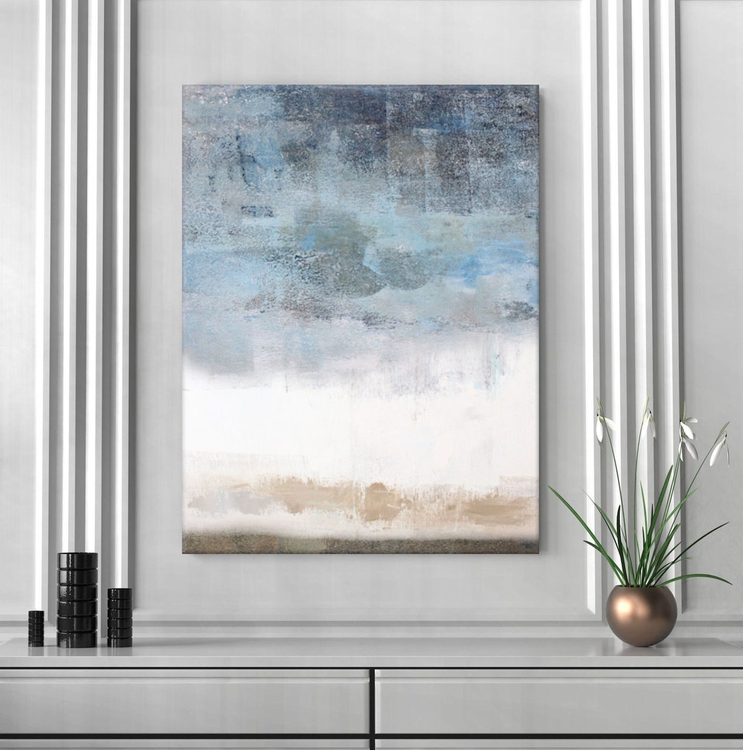 Vertical Abstract Painting, Rustic Blue and Gray Wall Art, Calming ...