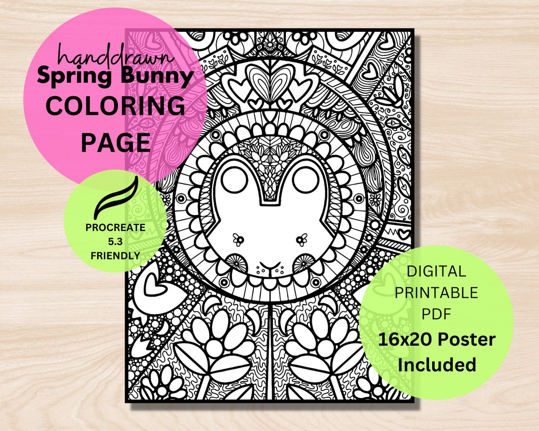 Spring Bunny Coloring Page Hand Drawn Printable Poster Digital Coloring ...