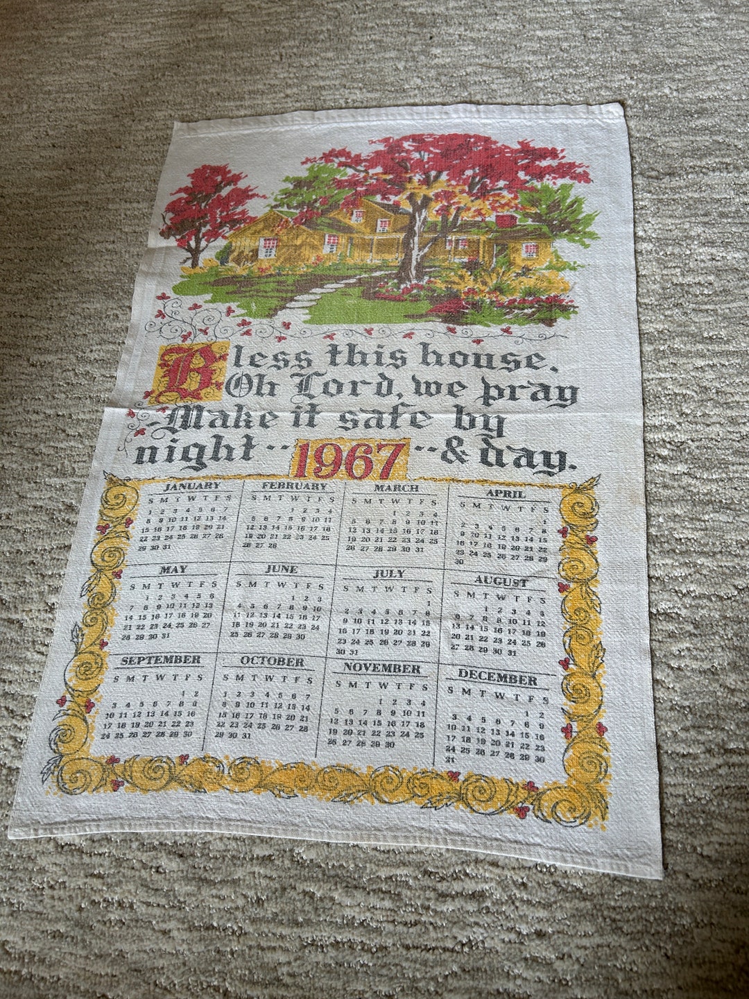 Vintage 1967 Calendar Linen Dish Towel Home Scenery and Religious Quote ...