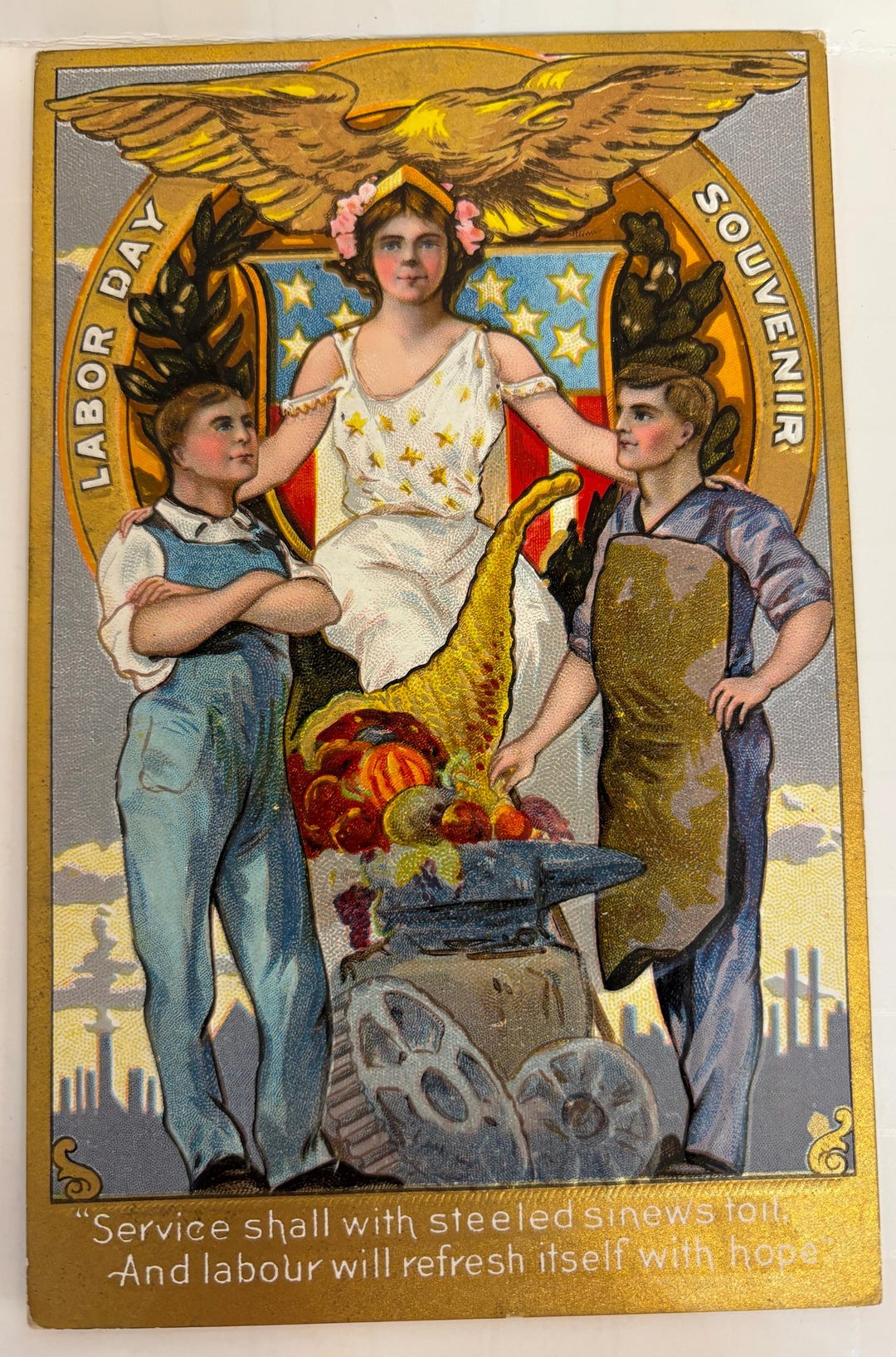 Labor Day Souvenir Postcard Shows Lady Liberty Seated Between Two ...