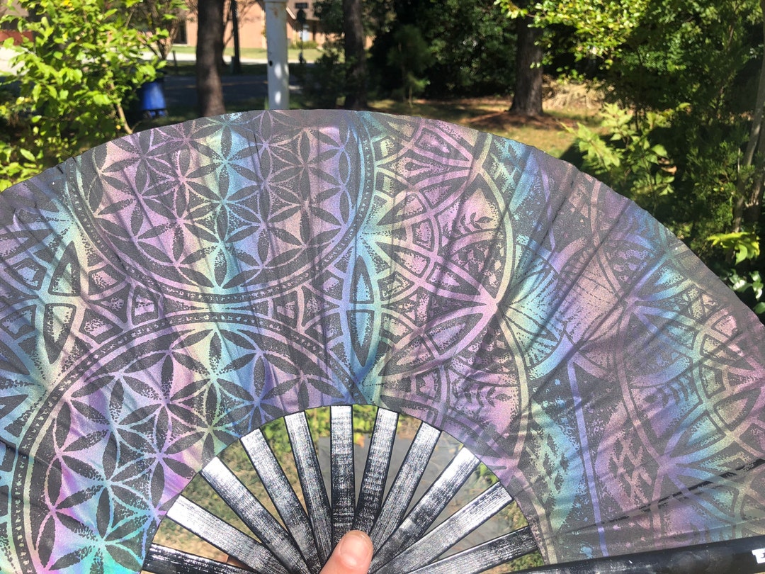 Large Dark Rainbow Reflective Sacred Geometry Hand Fan – Flash Reactive ...