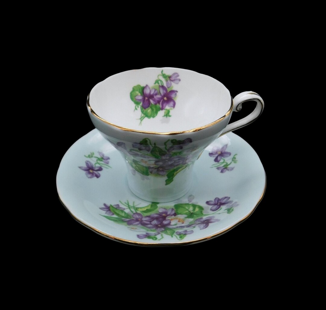 Vintage Ansley Bone China Light Blue Tea Cup & Saucer Set With Purple ...