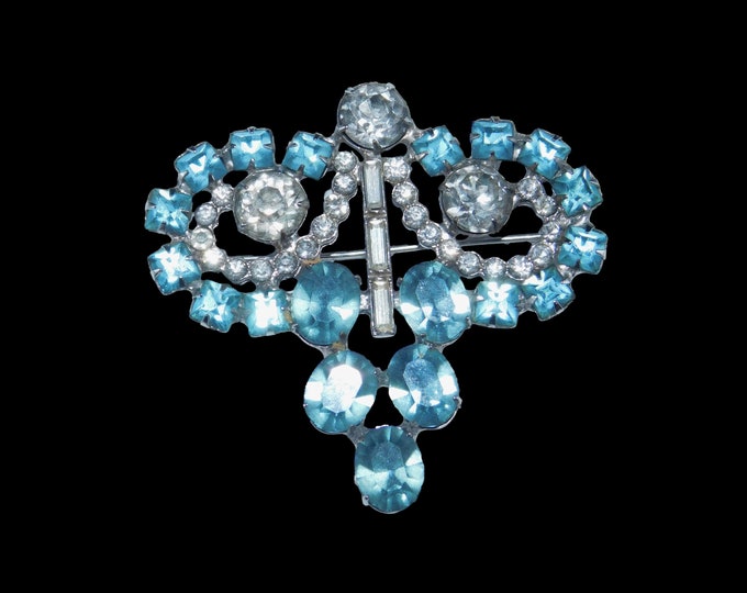Vintage Ice Blue And Clear Rhinestone Brooch Silver Tone Setting