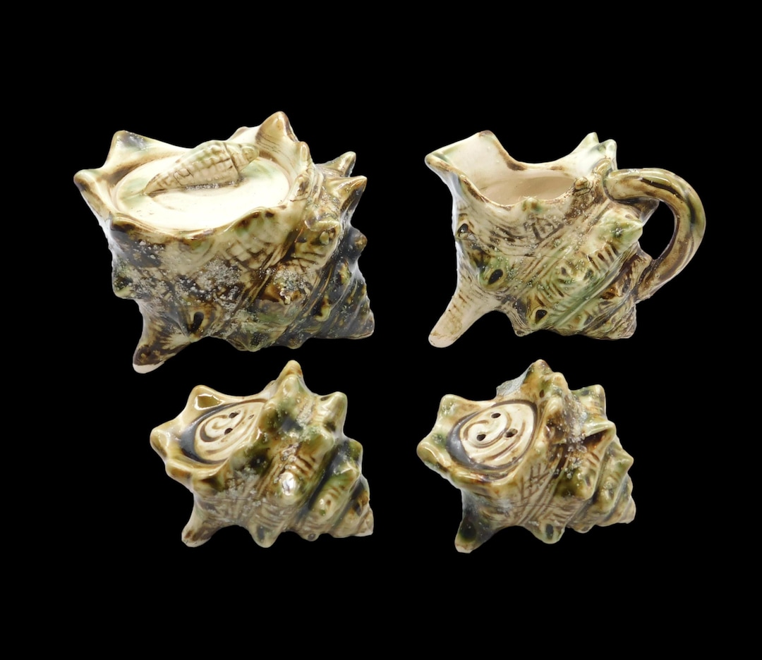 Vintage Conch Sea Shell Sugar Bowl, Creamer, Salt & Pepper Shakers ...