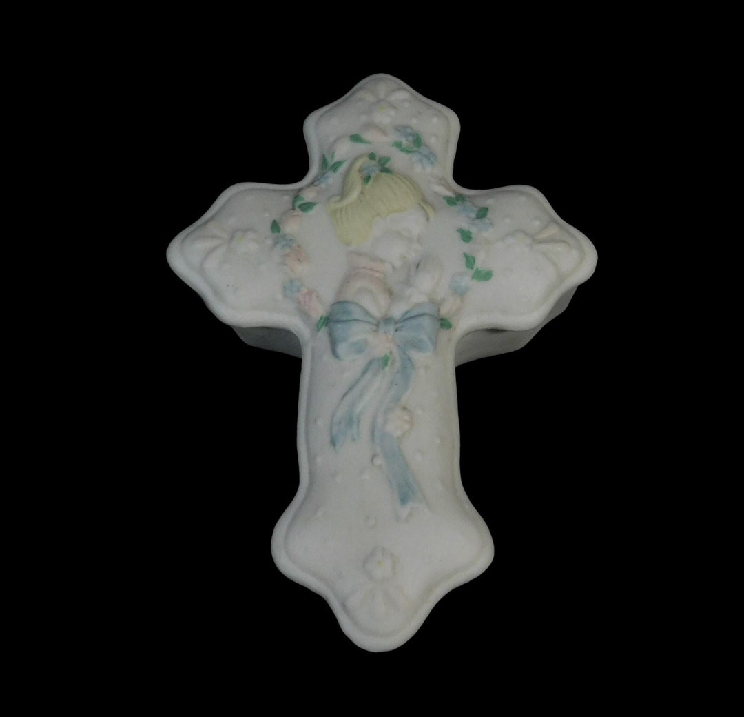 Vintage Bisque Porcelain Cross Trinket Box With Little Girl Praying ...