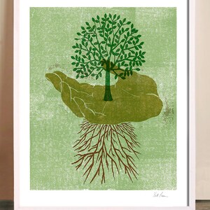Hand Tree - Art Print, Green, Mint, Growing, Roots, Conceptual, Holding ...