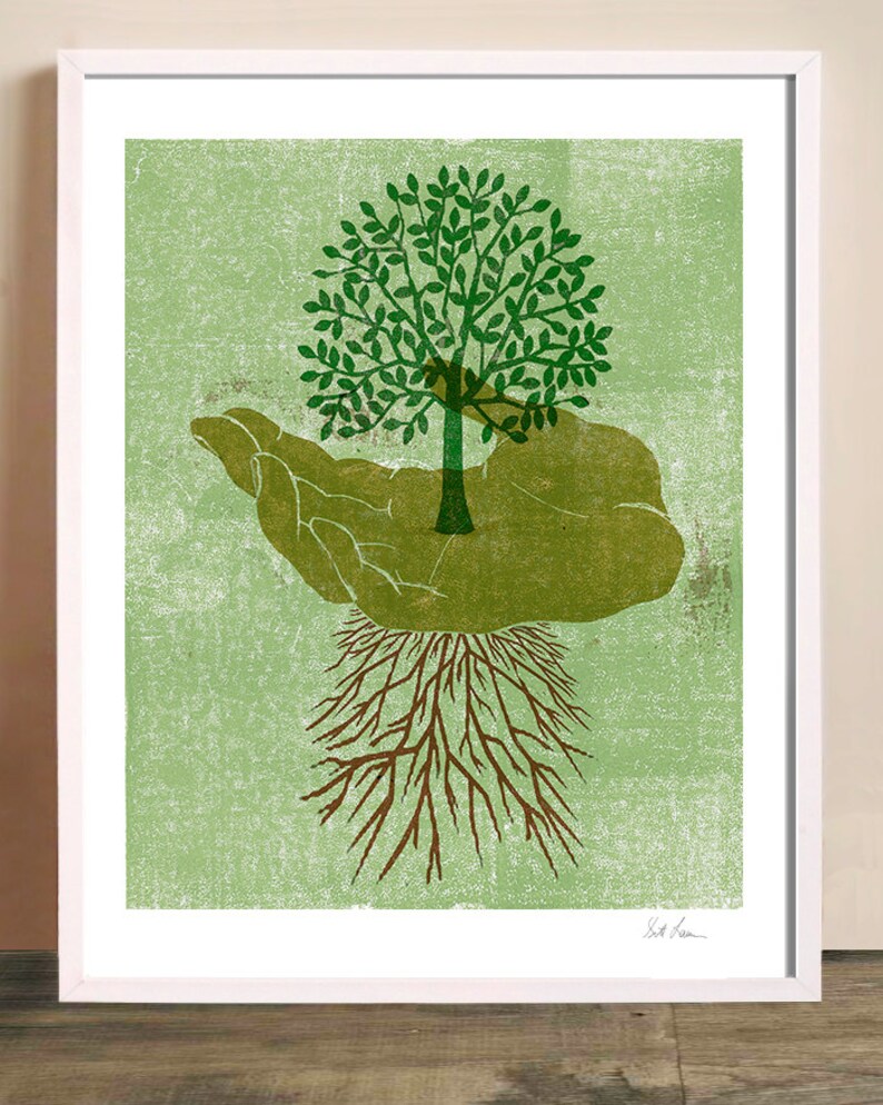 Hand Tree - Art Print, Green, Mint, Growing, Roots, Conceptual, Holding ...